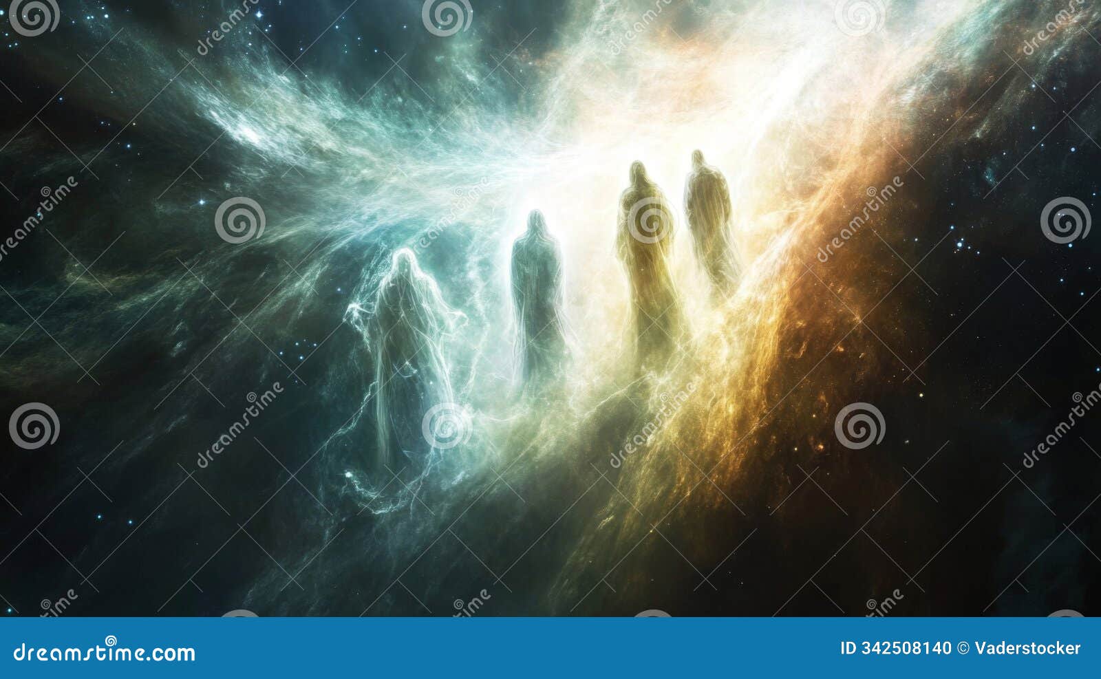 Three Figures Walking Towards a Bright, Ethereal Light in a Starry Sky ...