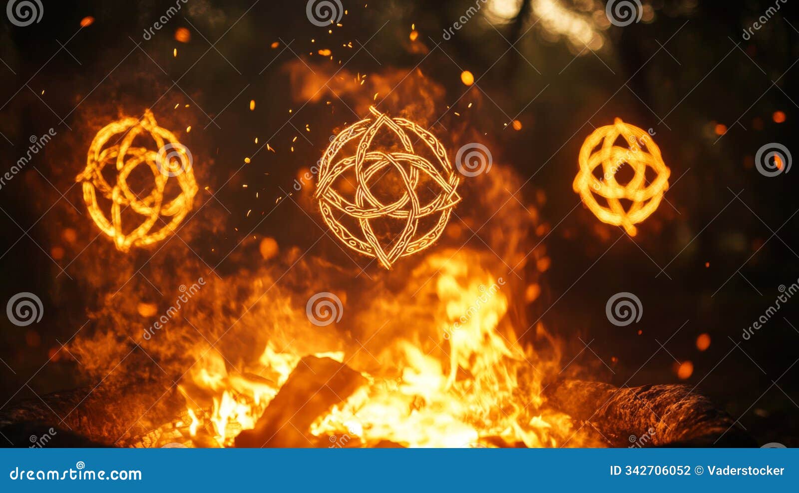 Three Fire Symbols Above a Burning Bonfire Stock Illustration ...