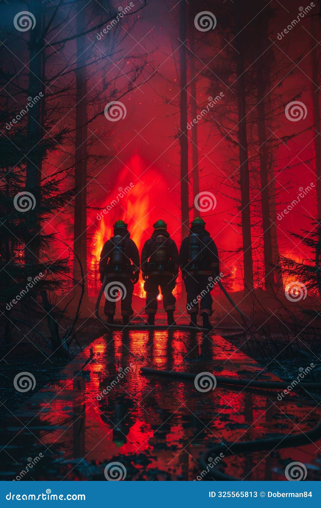 Three Firefighters Battling a Blazing Forest Fire at Night Stock Image ...