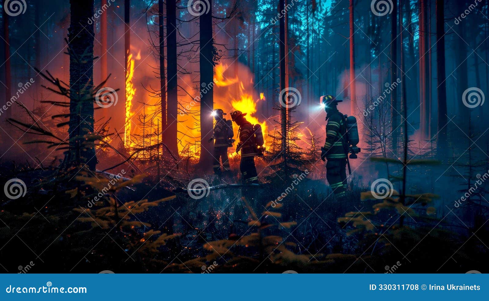 Firefighters Battling Wildfire in Dense Dark Forest at Night. Dramatic ...