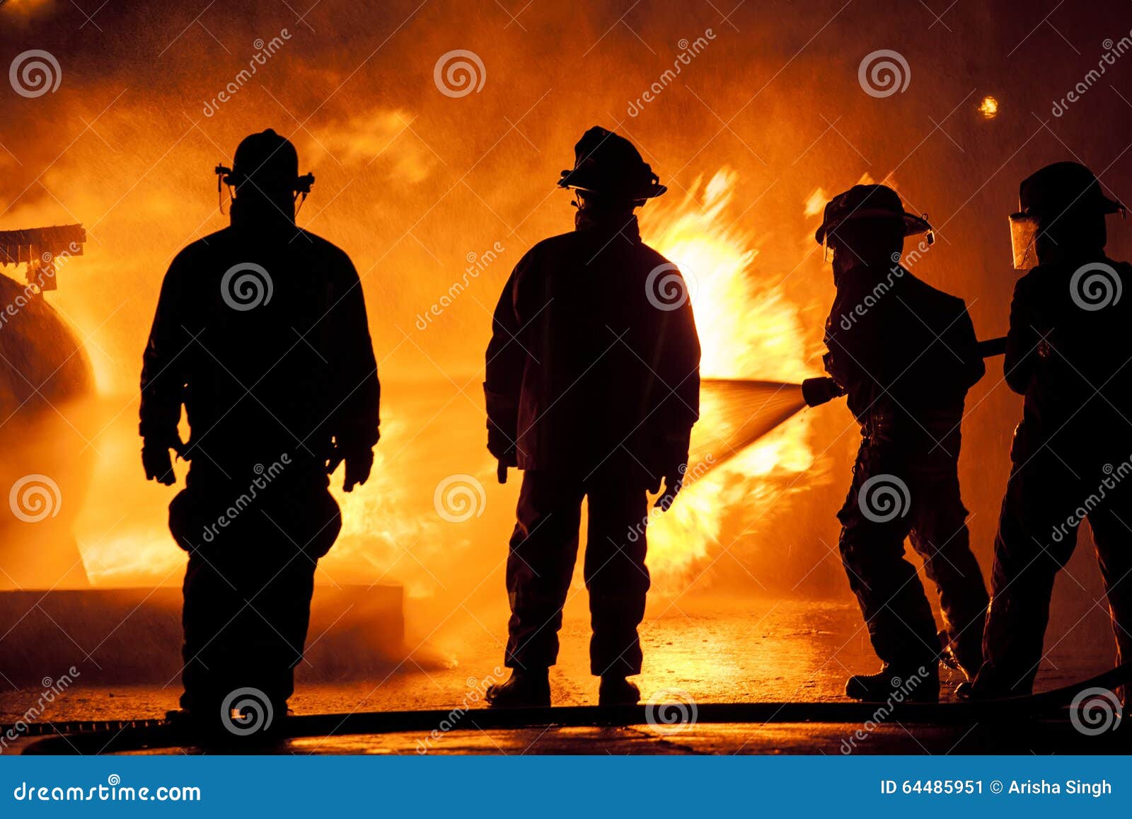 Three Firemen in Uniform Fighting a Fire Stock Image - Image of hose ...