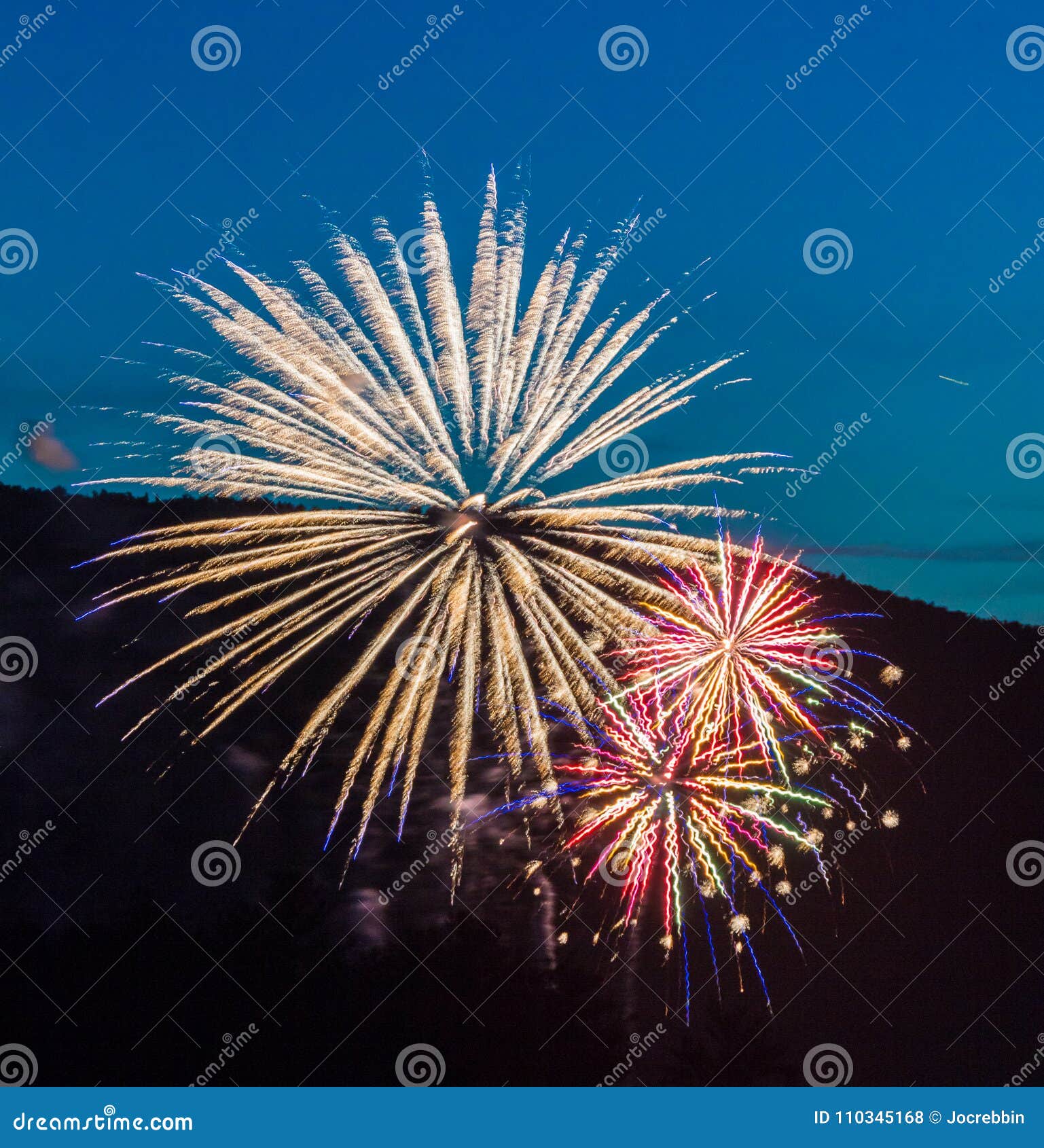 Three Fireworks Over Blue Sky Background Stock Photo - Image of burst ...