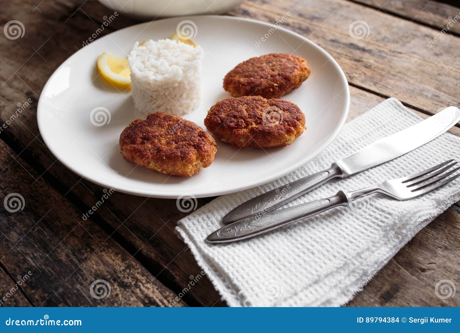 Three Fish Cutlet on White Plate with Rice Stock Photo - Image of ...