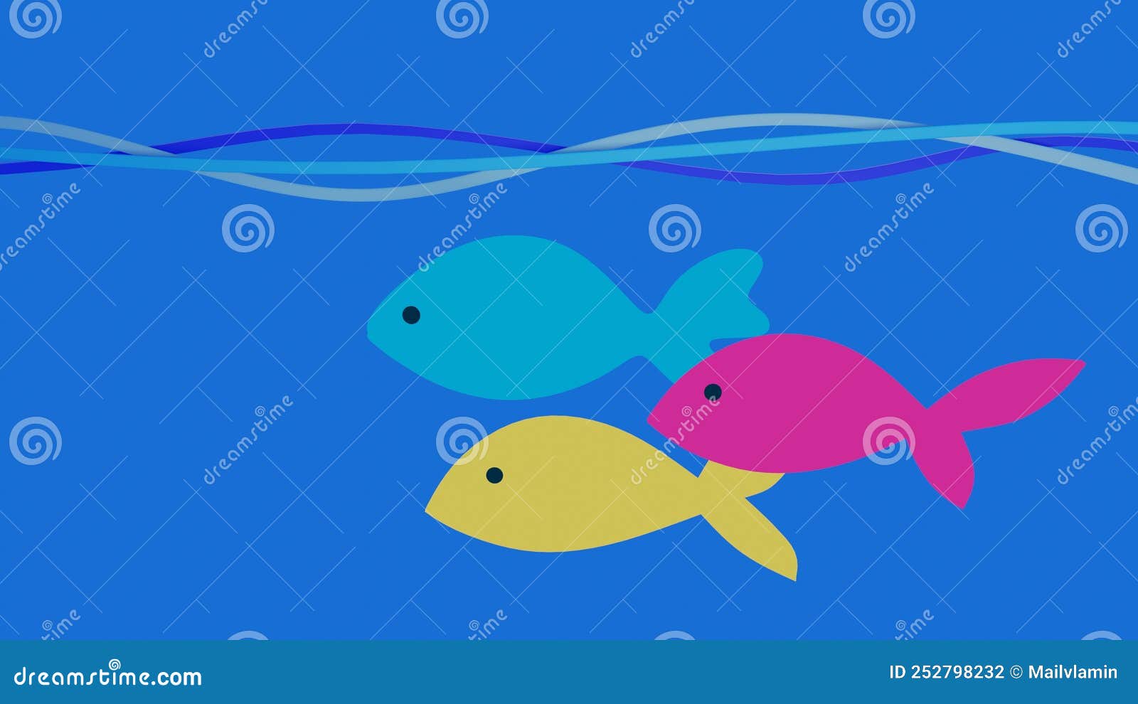 Three Fish of Different Colors, Swim Underwater in 3d Space Stock ...