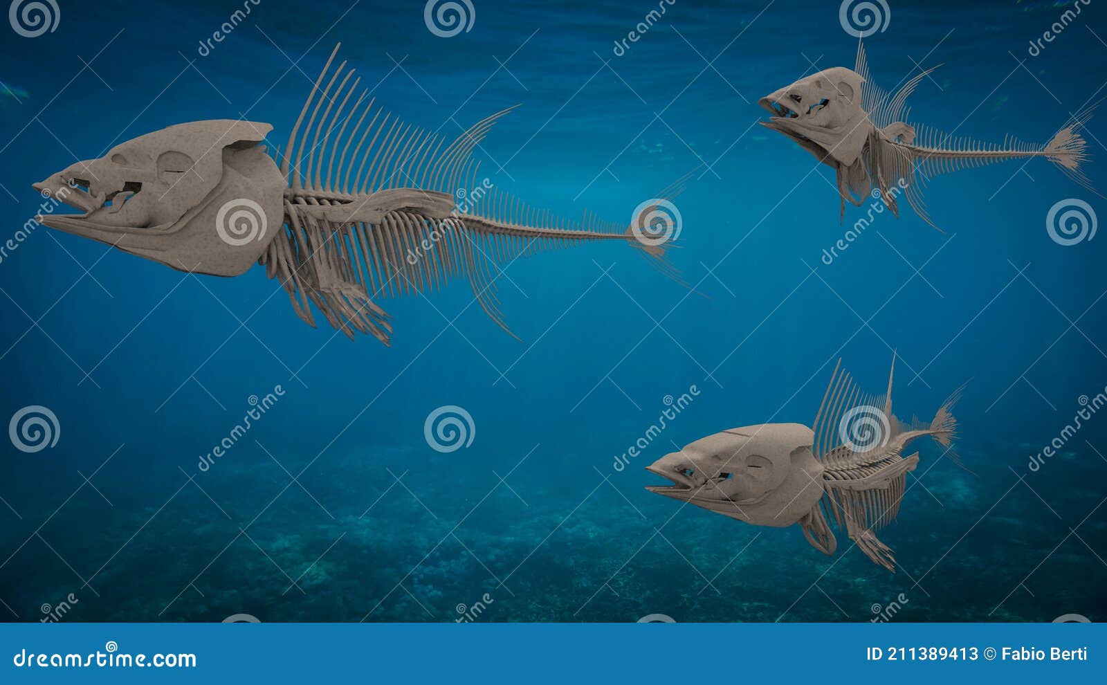 Three Fish Skeletons Swimming Under the Sea Stock Illustration ...