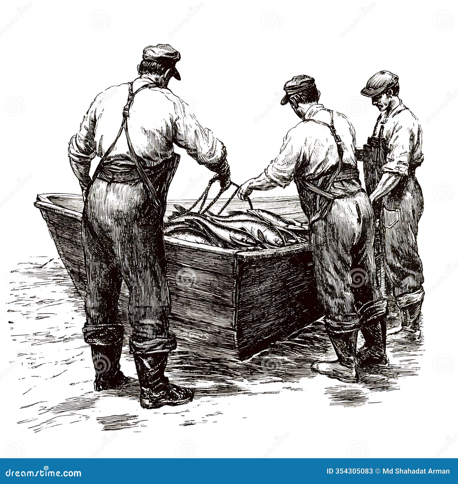 Three Fishermen Sorting Their Catch of Fish in a Small Boat Stock ...