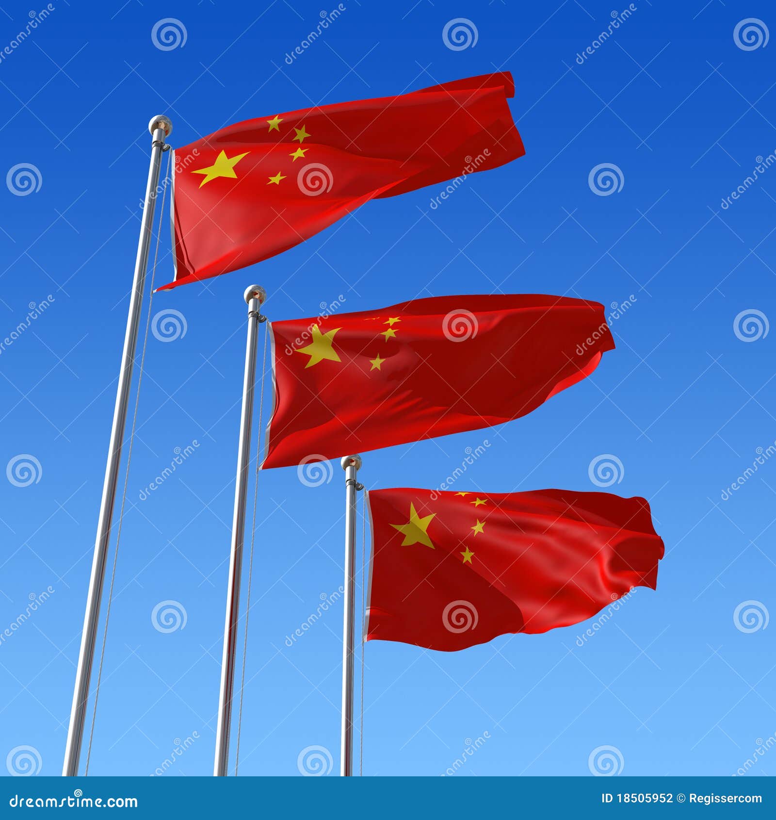 Three Flags of China Against Blue Sky. 3d Illustra Stock Illustration ...