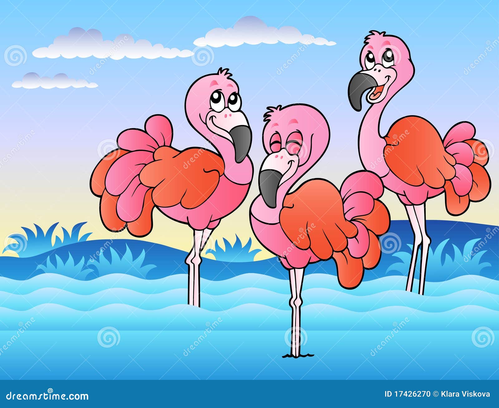 Three Flamingos Standing in Water Stock Vector - Illustration of design ...