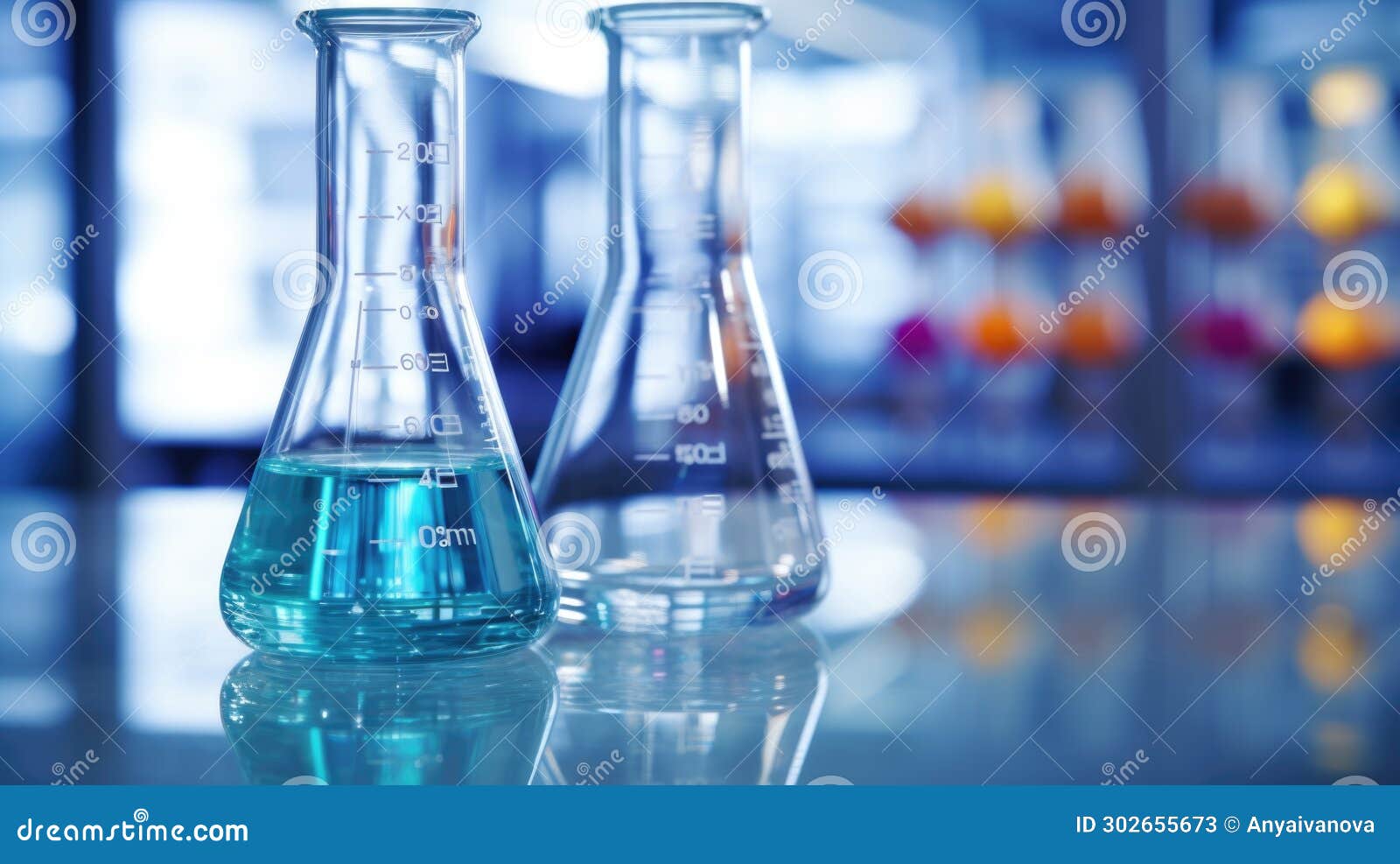 Three Flasks Filled with Blue Liquid Sitting on a Table, Copy-space ...