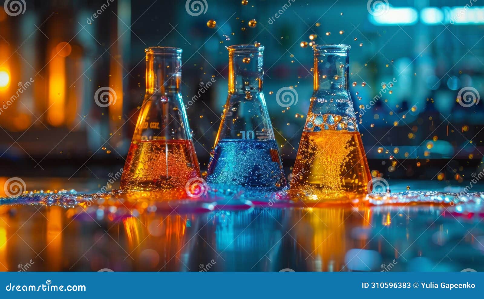 Three Flasks Filled with Different Colored Liquids Stock Image - Image ...