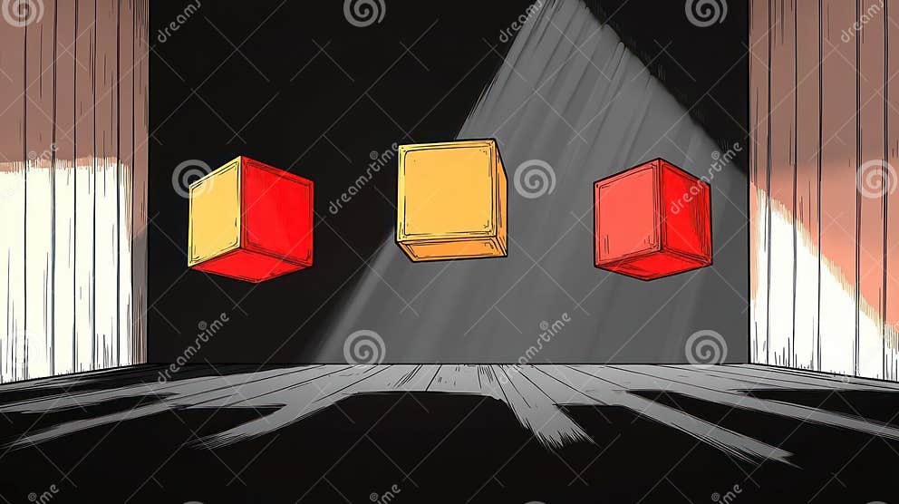 Three Floating Colored Cubes Illuminated by a Spotlight on a Stage ...