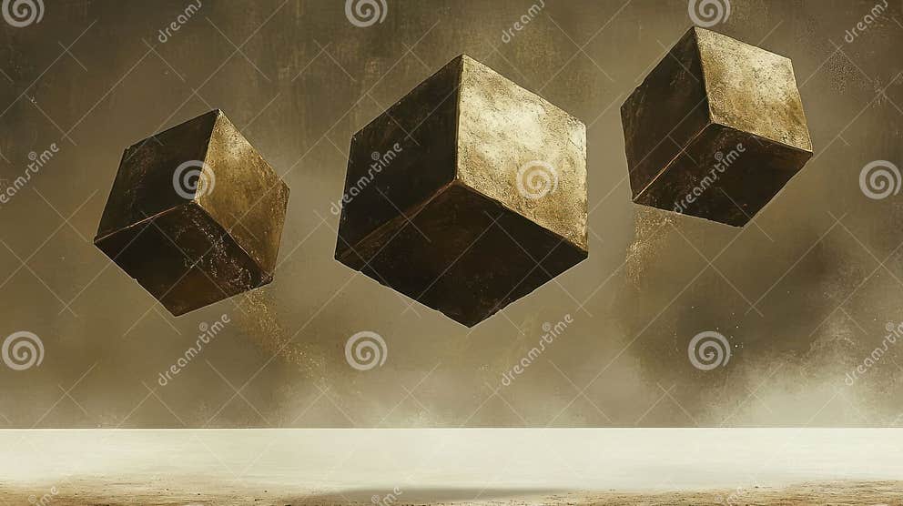 Three Floating Cubes with a Sandy Texture, Creating a Surreal ...