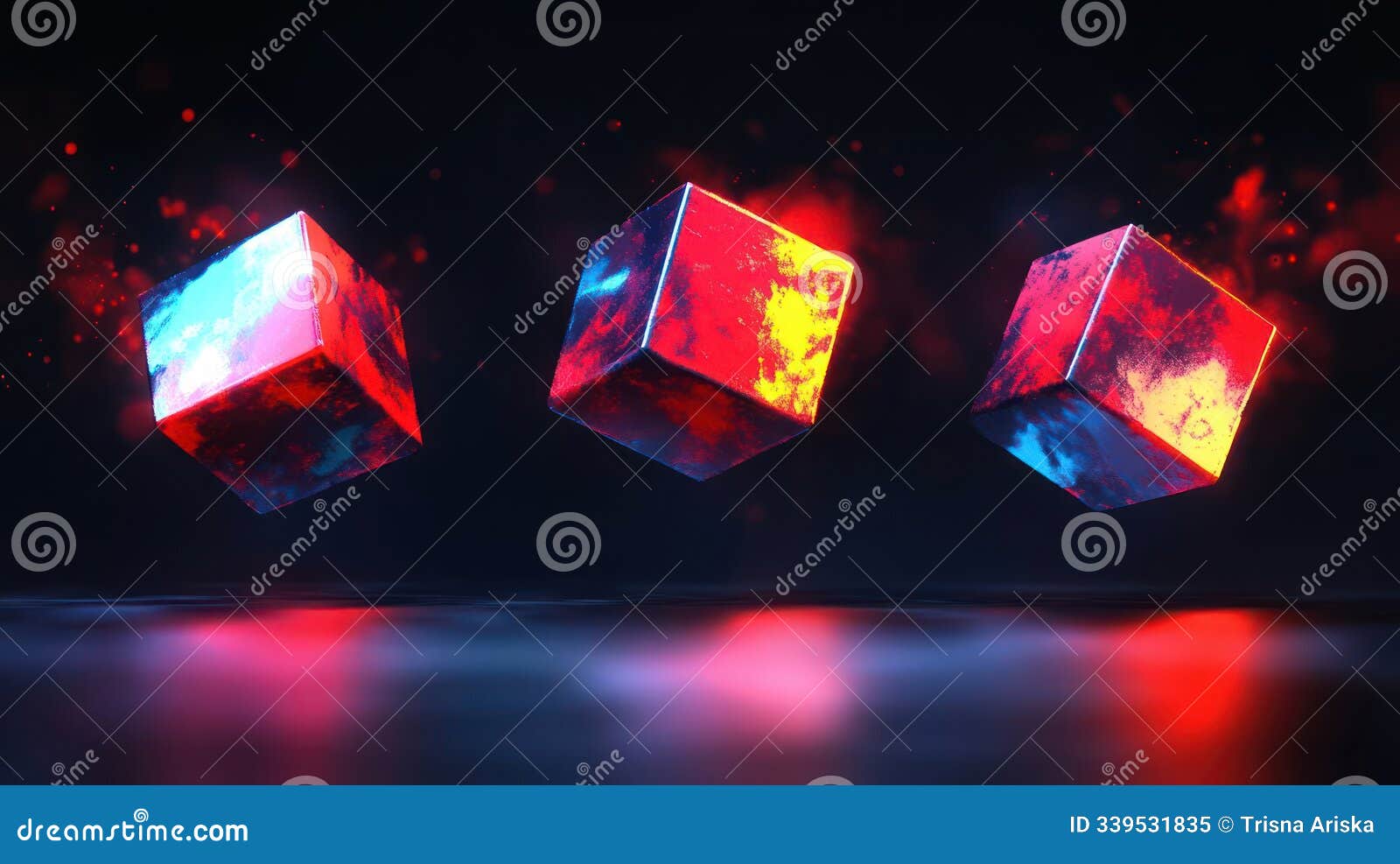 Three Floating Cubes with Vibrant Colors and Glowing Effects Against a ...
