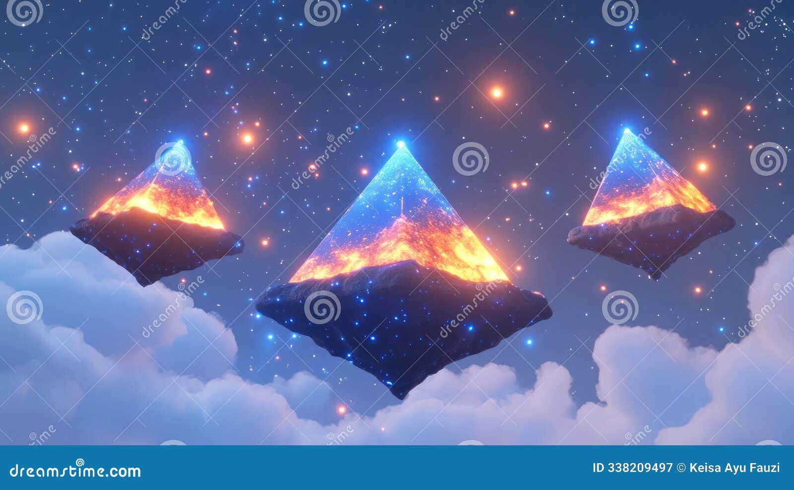 Three Floating Pyramids With Glowing Edges Against A Starry Sky And ...