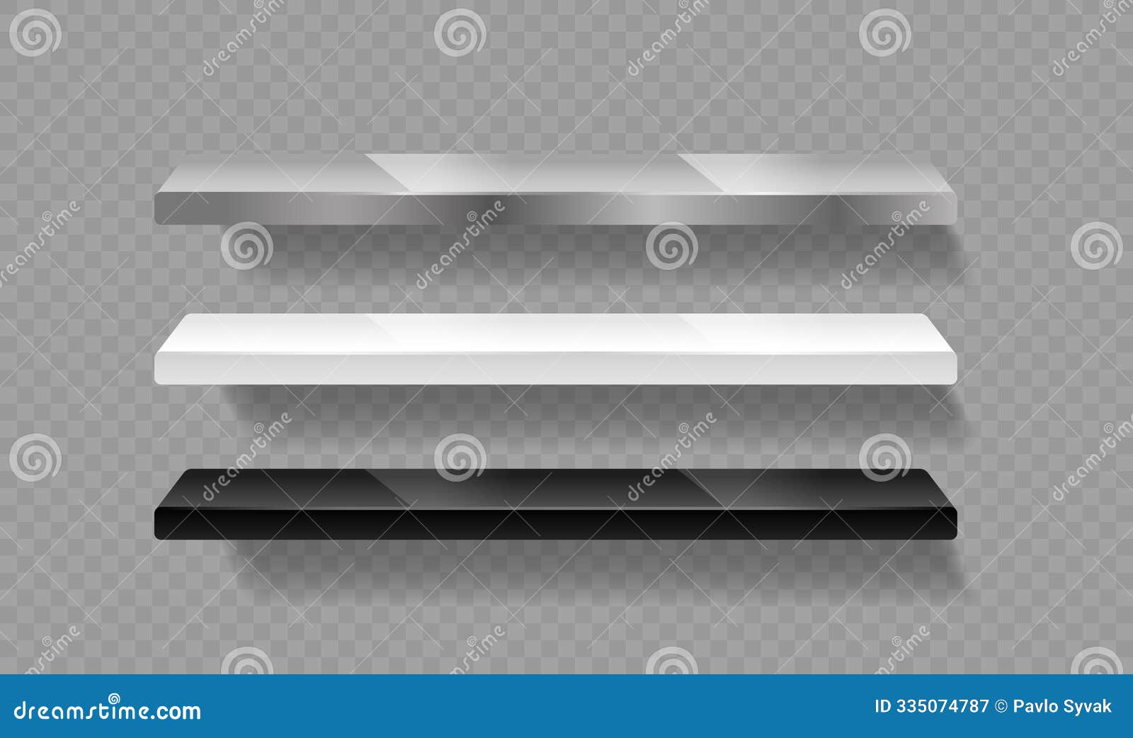 Three Floating Shelves In Silver, White, And Black. Each Shelf Has A ...