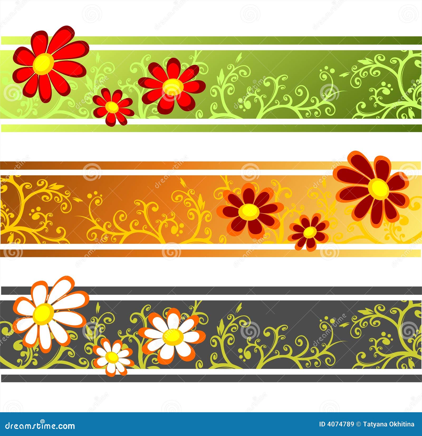 Three flower strips stock vector. Illustration of retro - 4074789