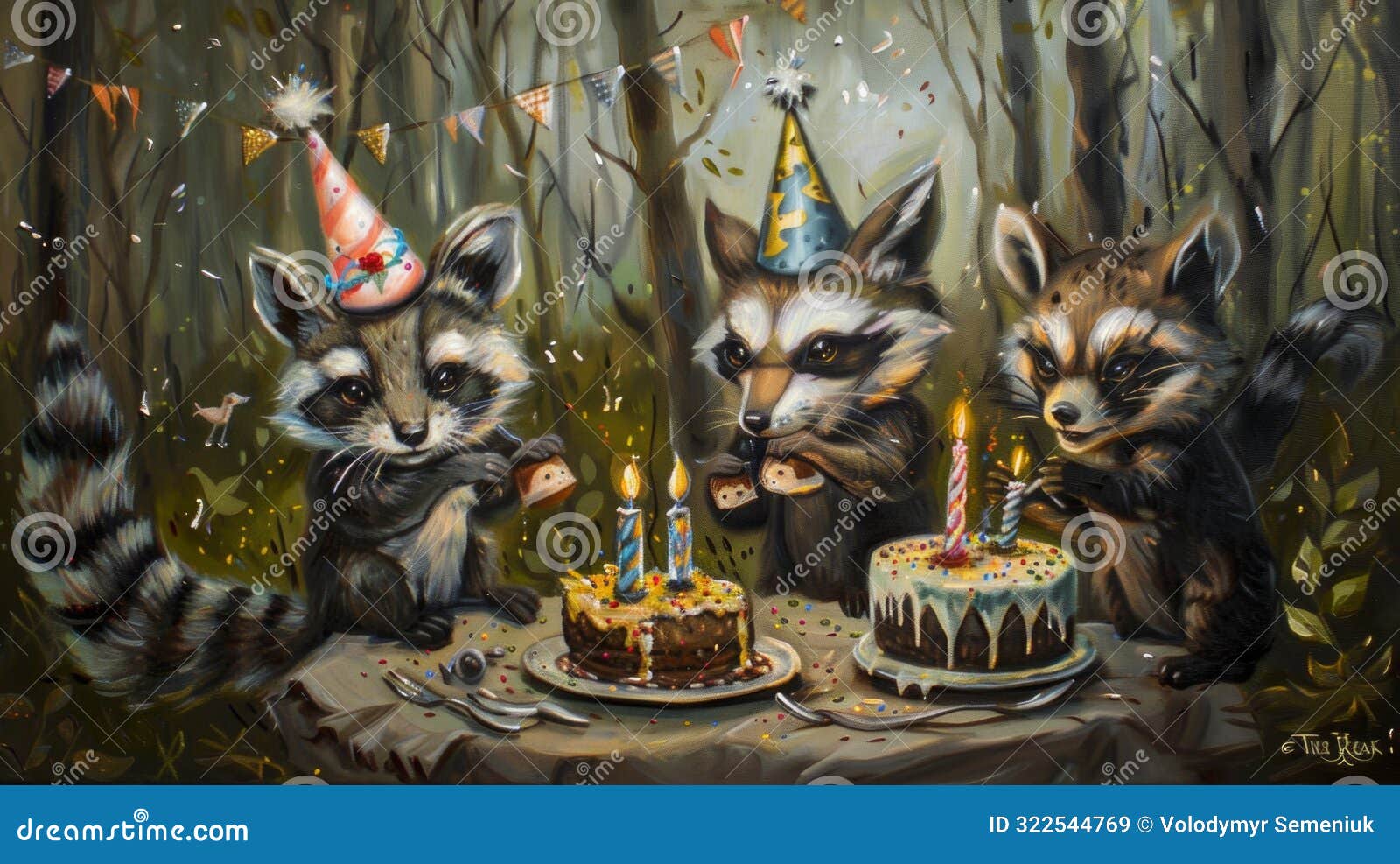 Three Fluffy Raccoons Celebrating a Birthday in the Forest Stock ...
