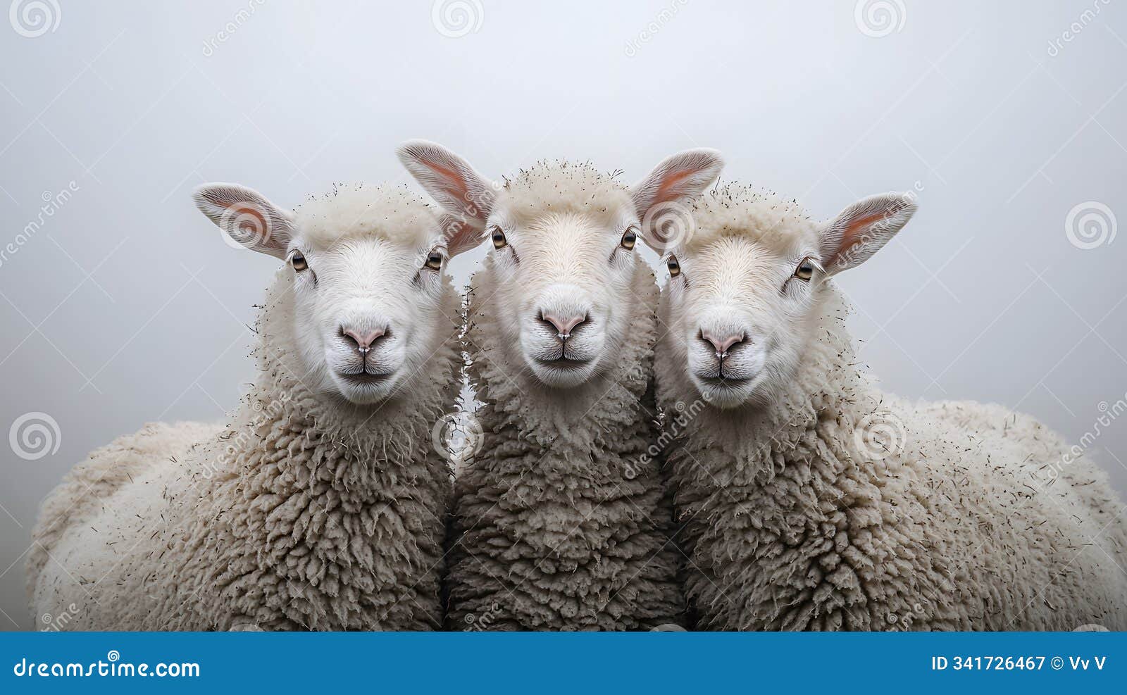 Three Fluffy Sheep Standing Together in a Misty Background Stock Image ...