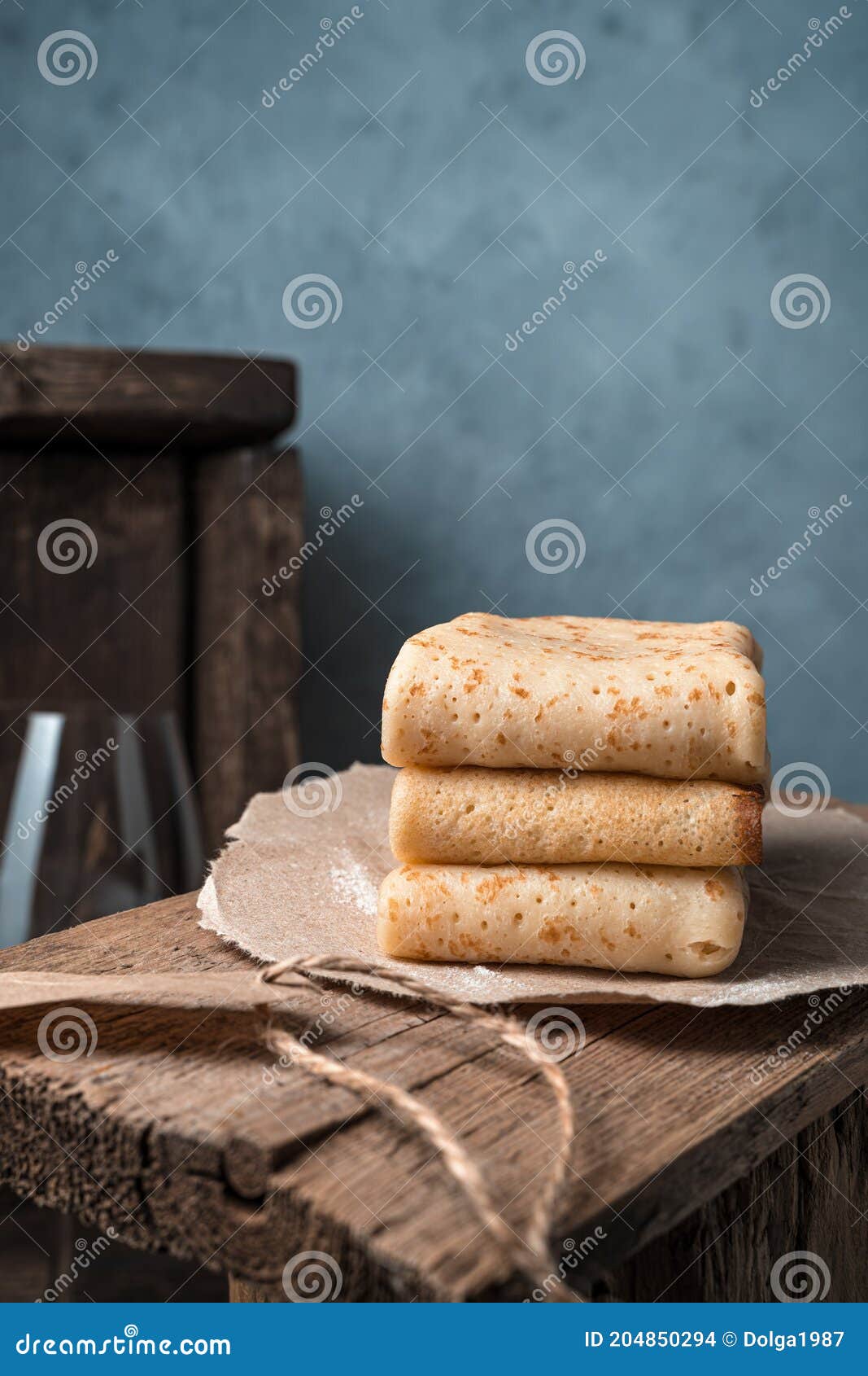 Three Folded Pancakes on a Paper Plate. Side View, with Space for ...