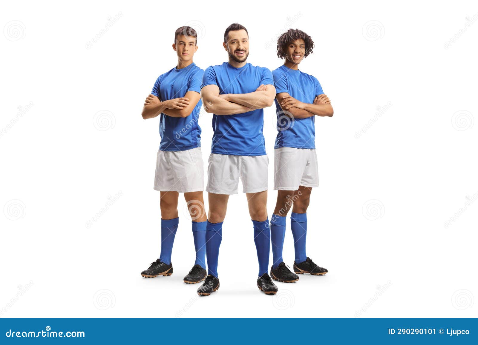 Three Football Players in Blue Jerseys Posing Stock Image - Image of ...