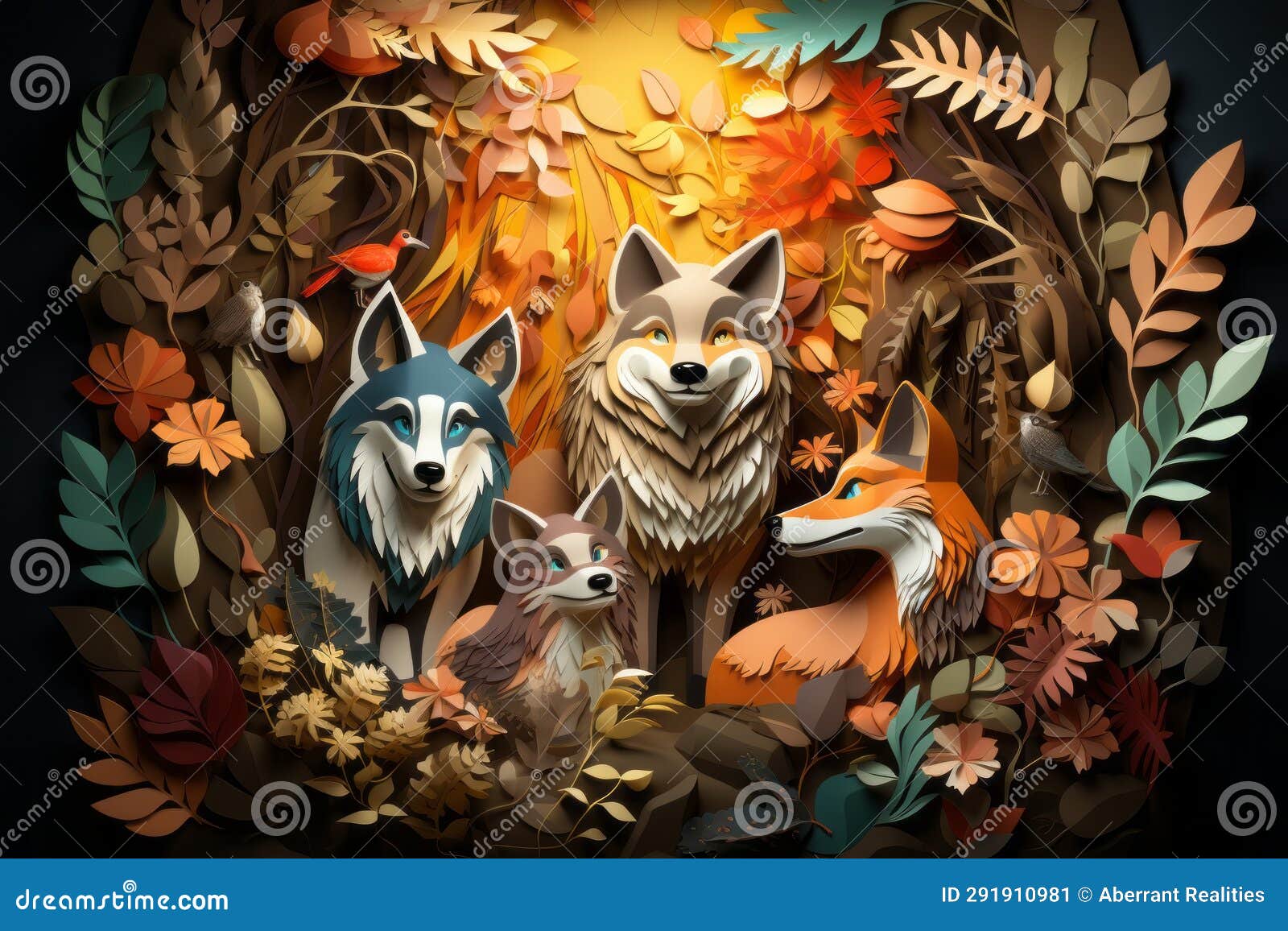 Three Foxes in the Forest with Autumn Leaves Stock Illustration ...