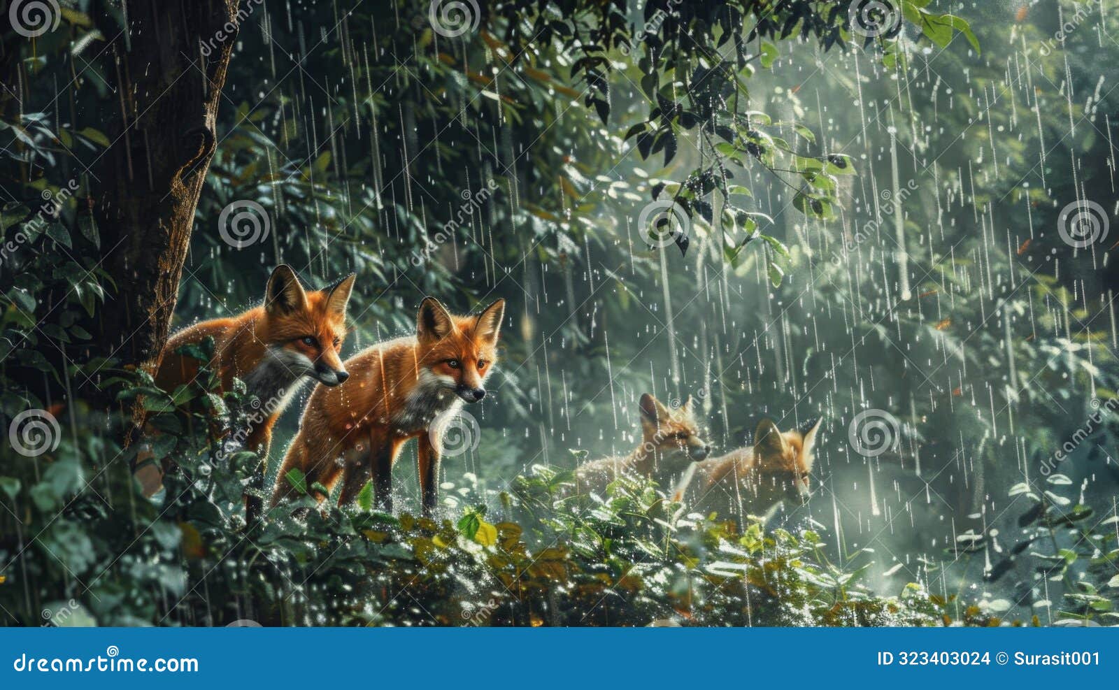 Three Foxes are Standing in the Rain, with One of Them Looking Up at ...