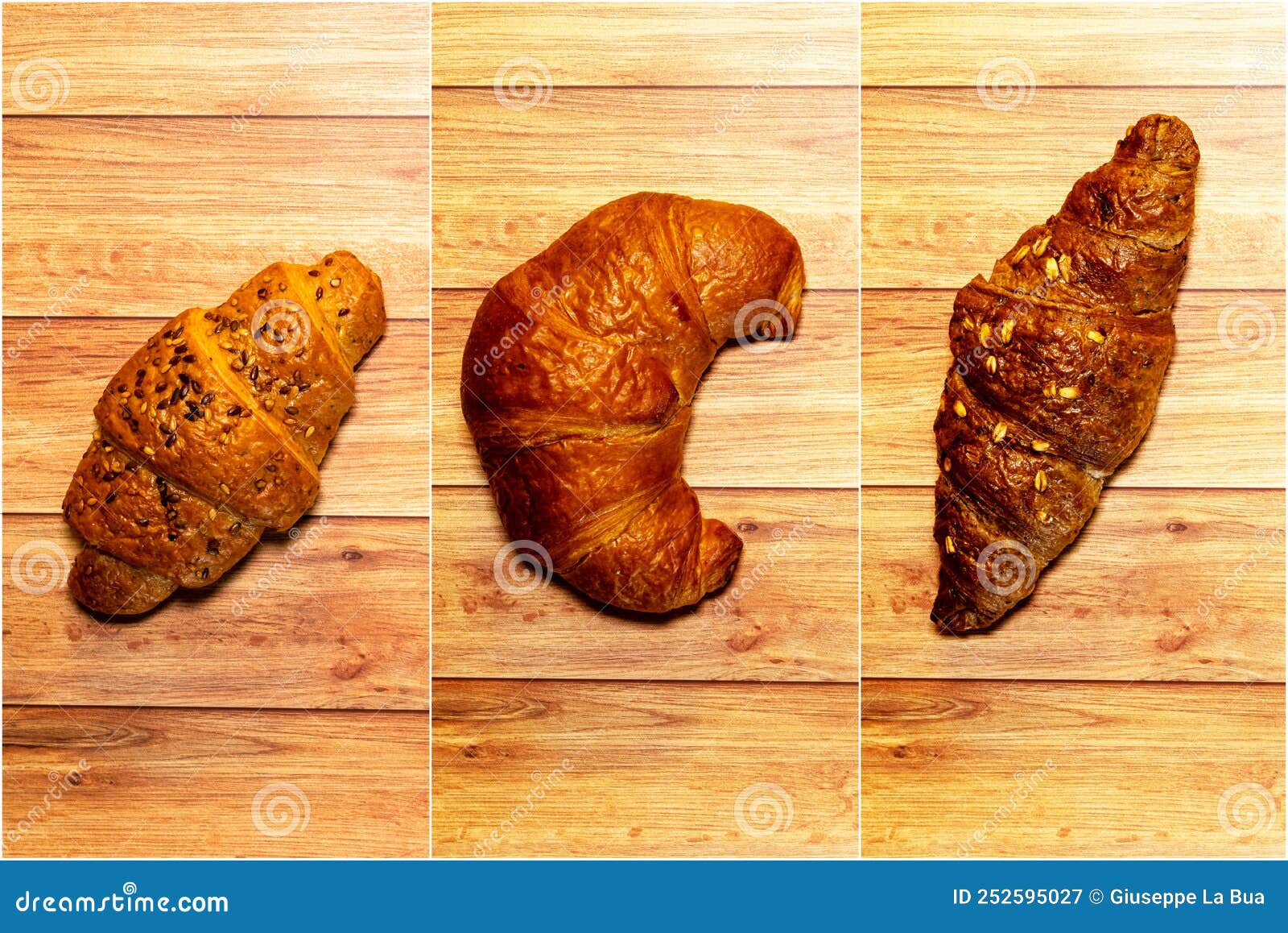 Three French Croissants on a Light Wooden Table for Breakfast. Stock ...