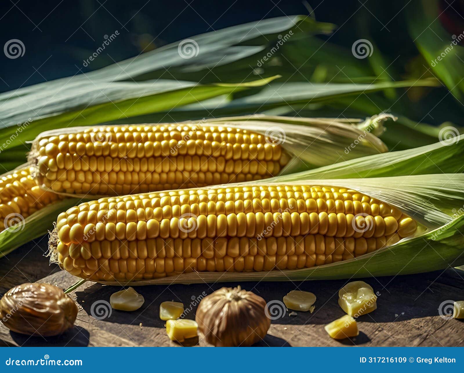 Three Fresh Corn Cobs with Kernels and Husks on a Wooden Surface Stock ...