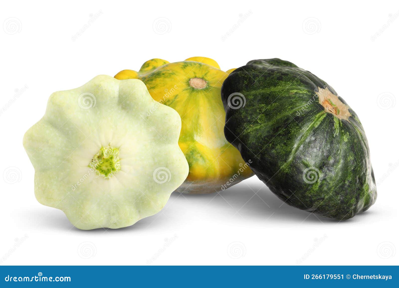 Three Fresh Different Pattypan Squashes on White Background Stock Image ...
