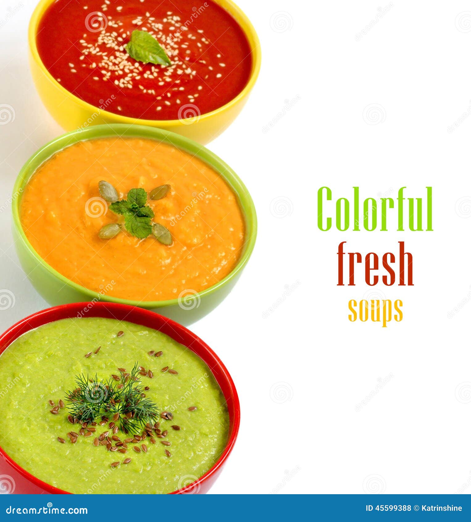 Three fresh soups stock photo. Image of orange, border - 45599388