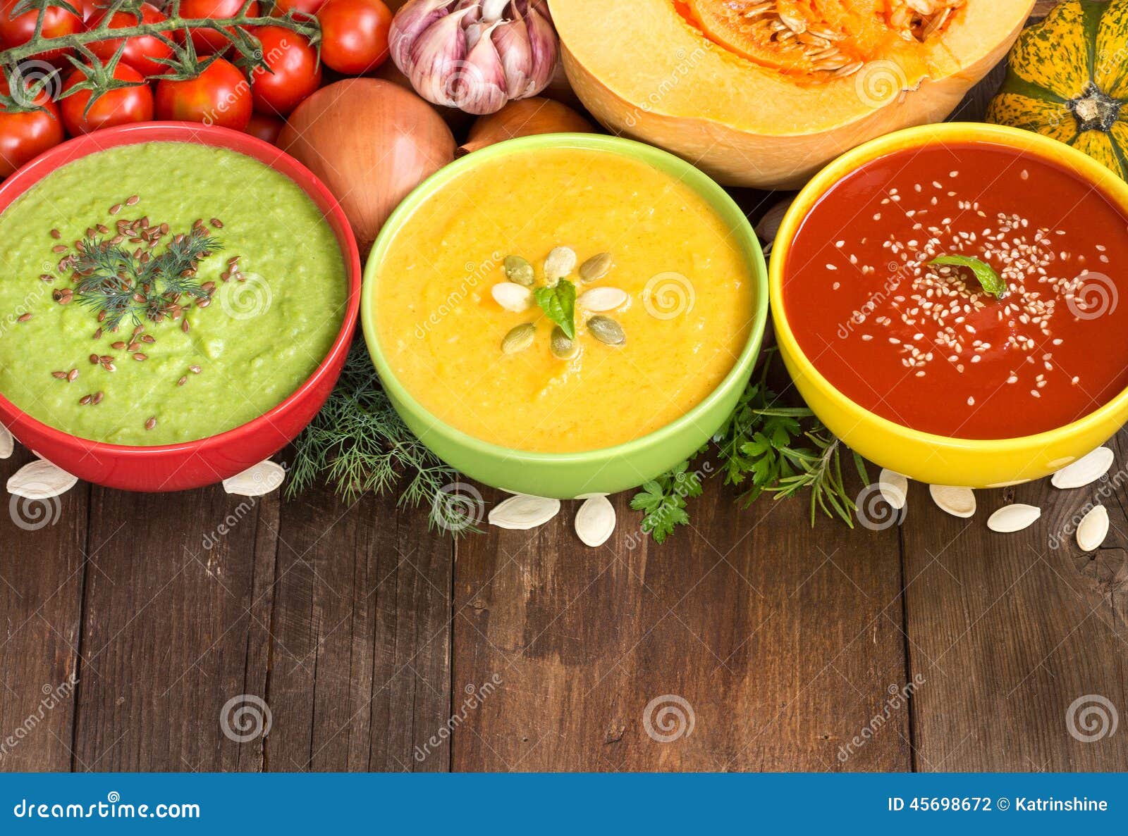 Three Fresh Soups and Vegetables Stock Photo - Image of green, garlic ...