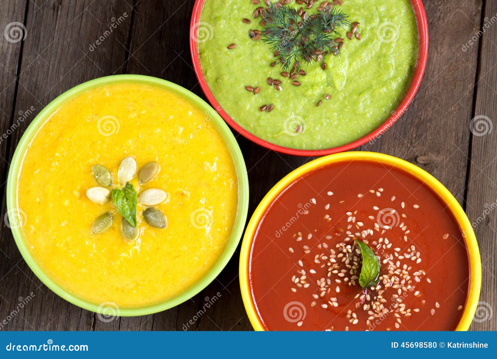 Three Fresh Soups on a Wooden Table Stock Photo - Image of green ...
