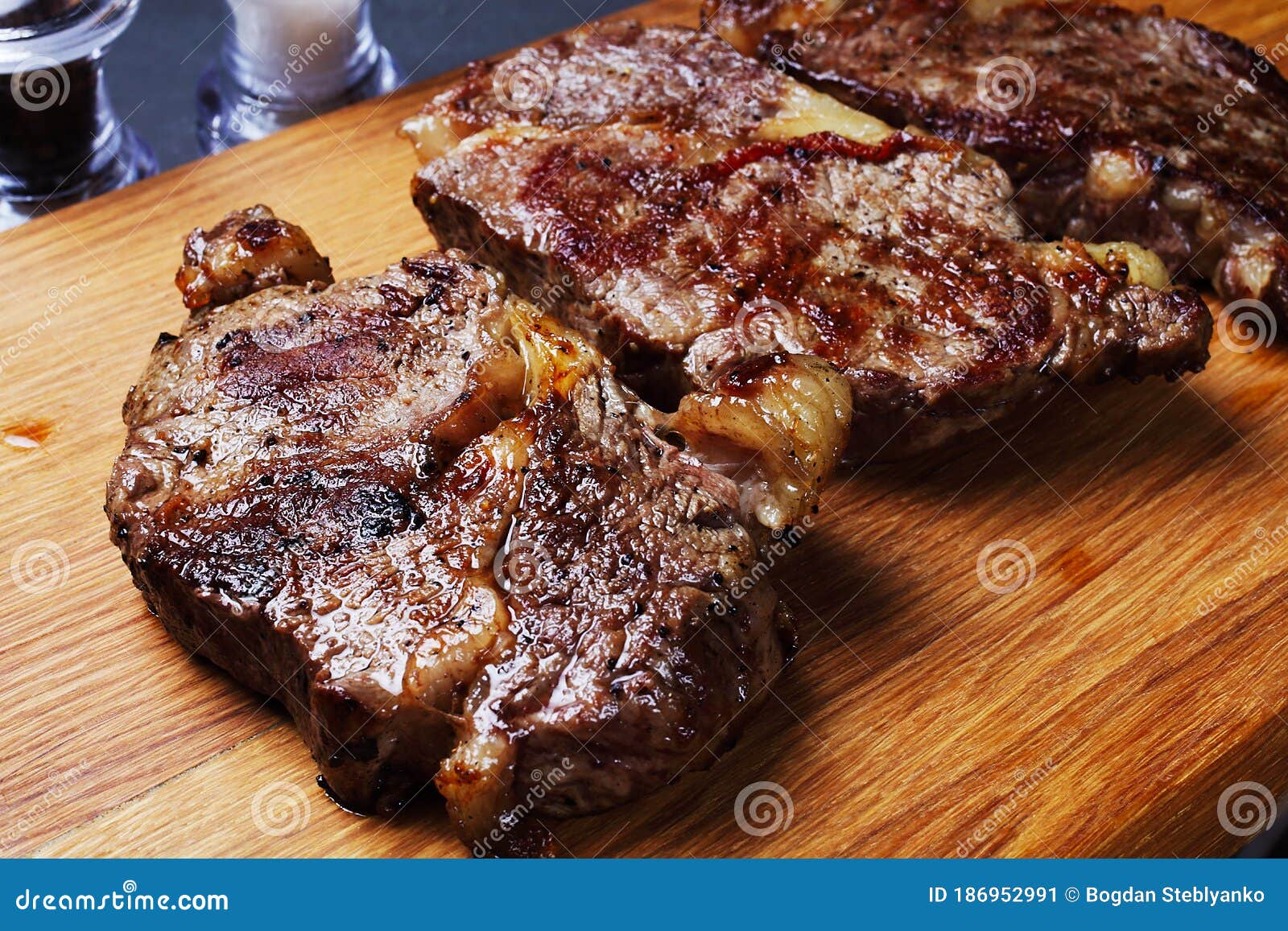 Three Fried Marbled Beef Steaks Stock Image - Image of preparation ...