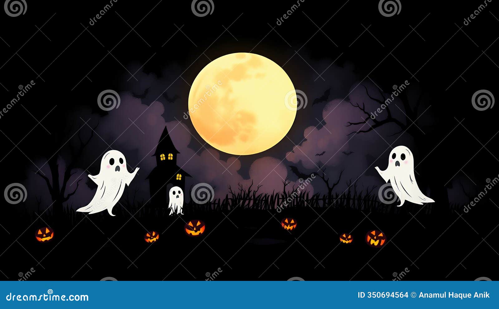 Three Friendly Ghosts Enjoy a Spooky Night Under the Full Moon Stock ...