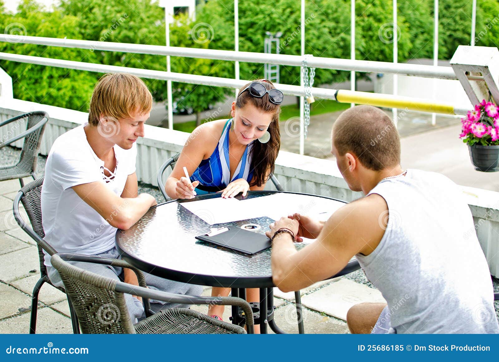 Three friends in cafe stock image. Image of friendship - 25686185