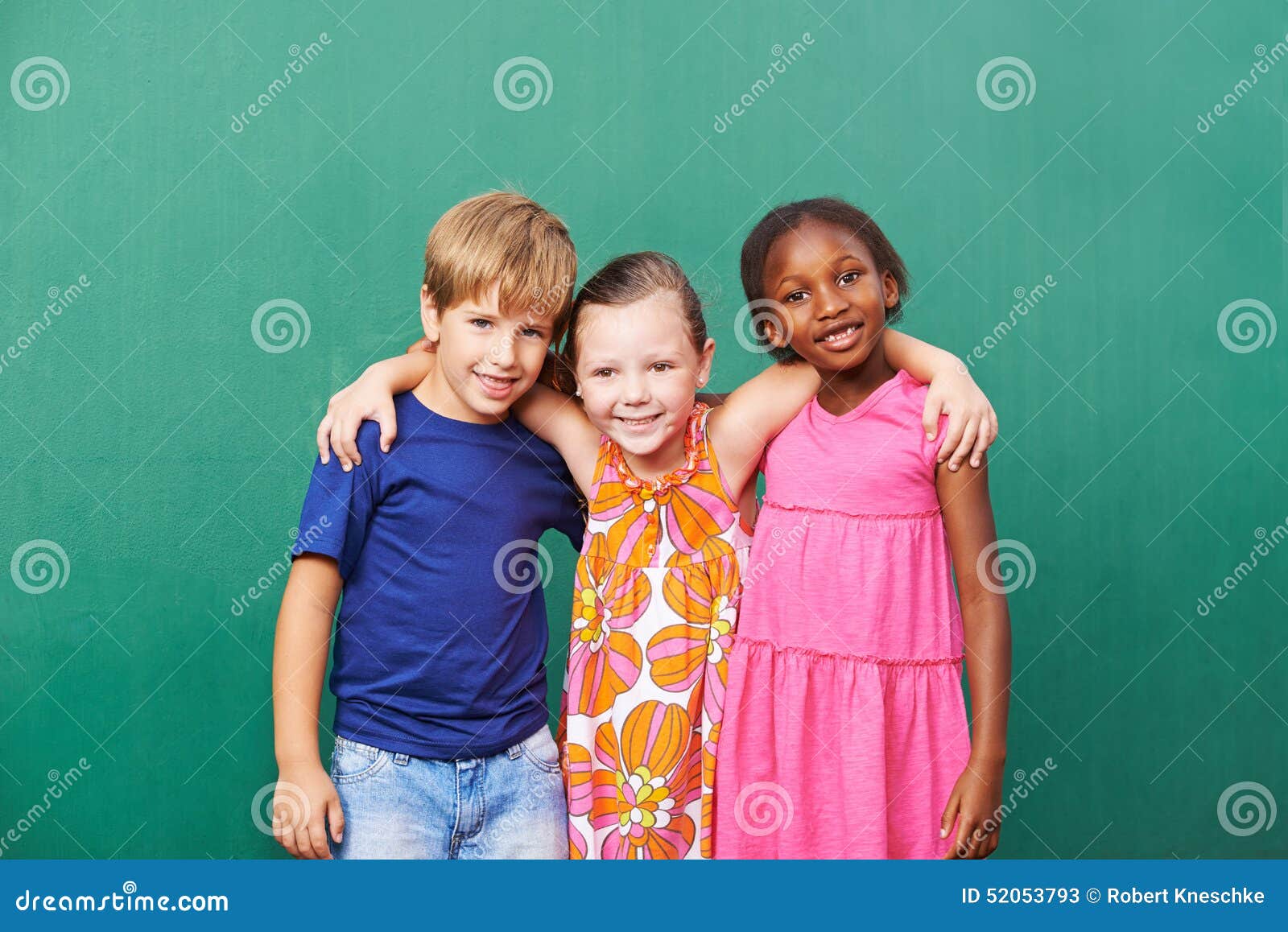 Three Friends Embracing in Kindergarten Stock Image - Image of ...