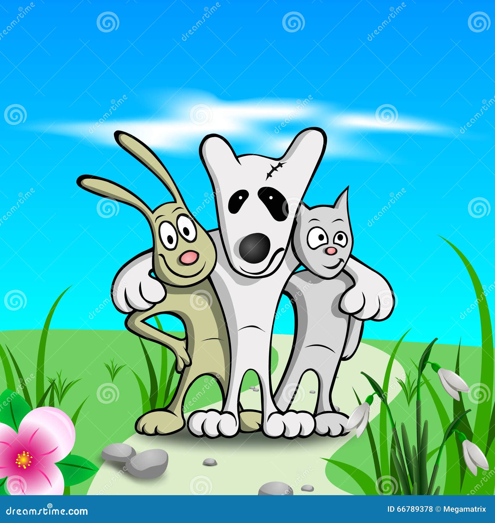 Three friends on grass stock vector. Illustration of cute - 66789378