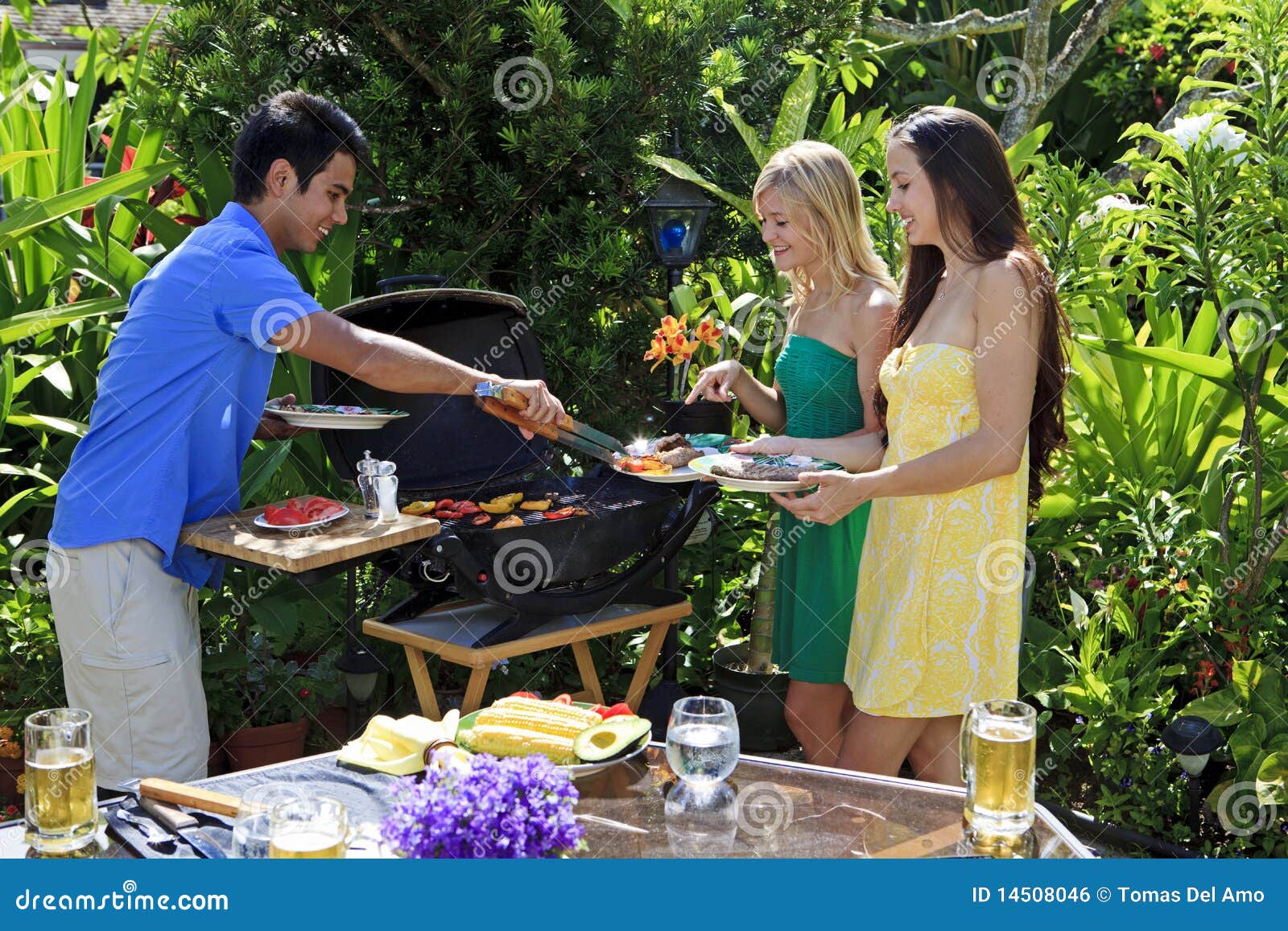 Three Friends Having a Barbecue Lunch Stock Photo - Image of tomatoes ...