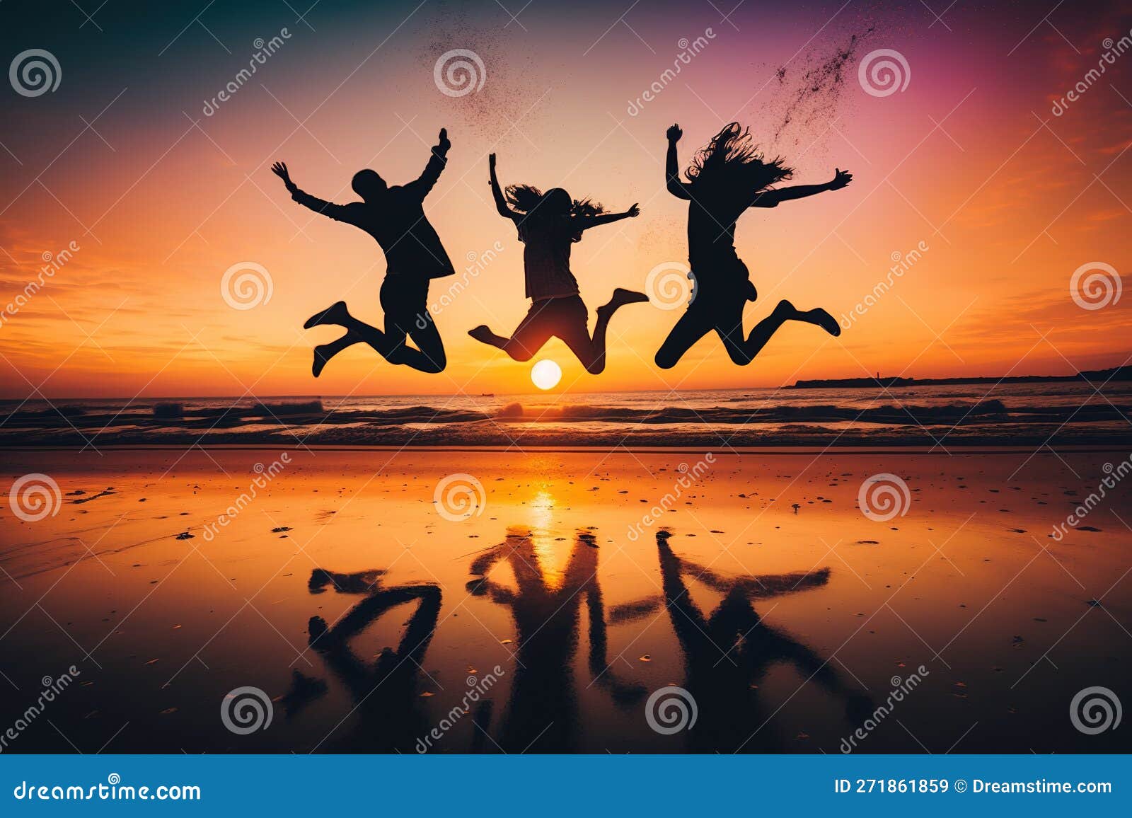 Three Friends Having Fun at the Beach. Silhouettes Jumping at Sunset ...