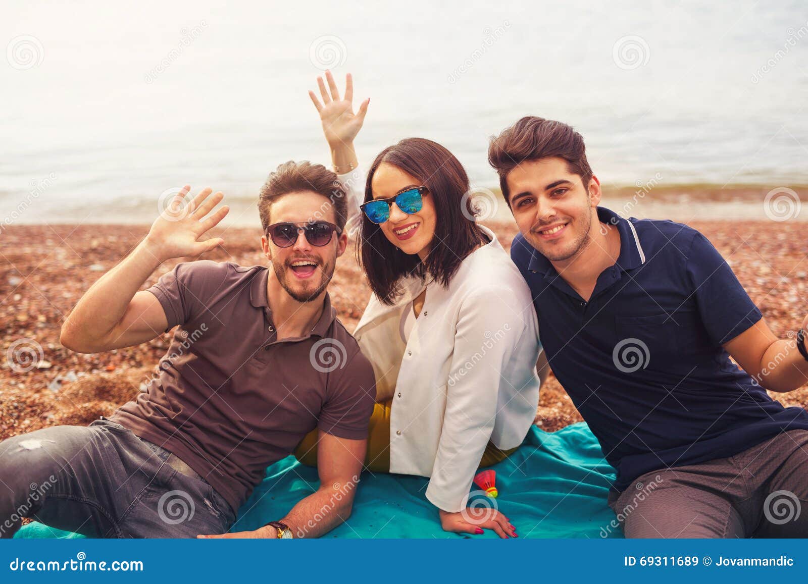 Three Friends Having Fun at the Beach, Springtime Stock Image - Image ...