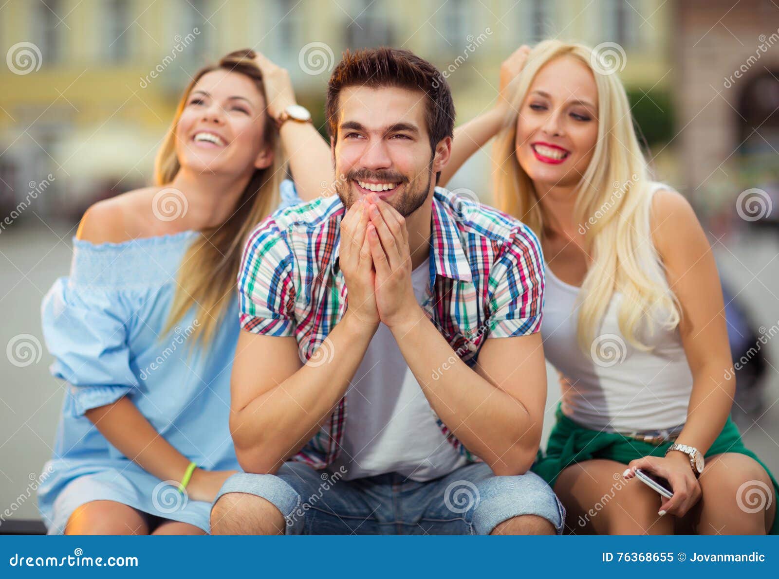 Three friends having fun stock image. Image of friendly - 76368655