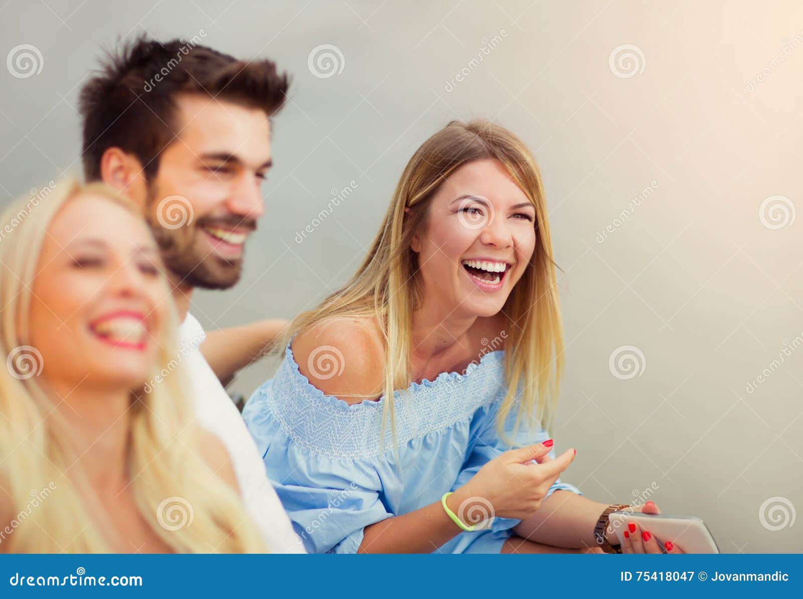 Three Friends Having Fun on the Bench Stock Image - Image of girls ...