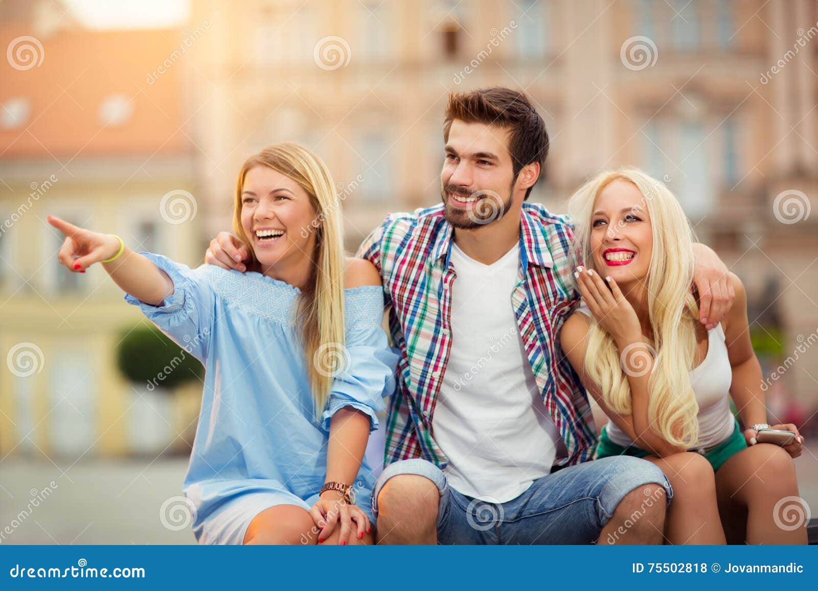 Three Friends Having Fun on the Bench Stock Photo - Image of friends ...