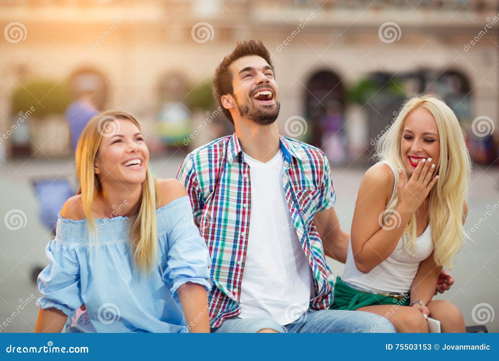 Three Friends Having Fun on the Bench Stock Image - Image of bench ...