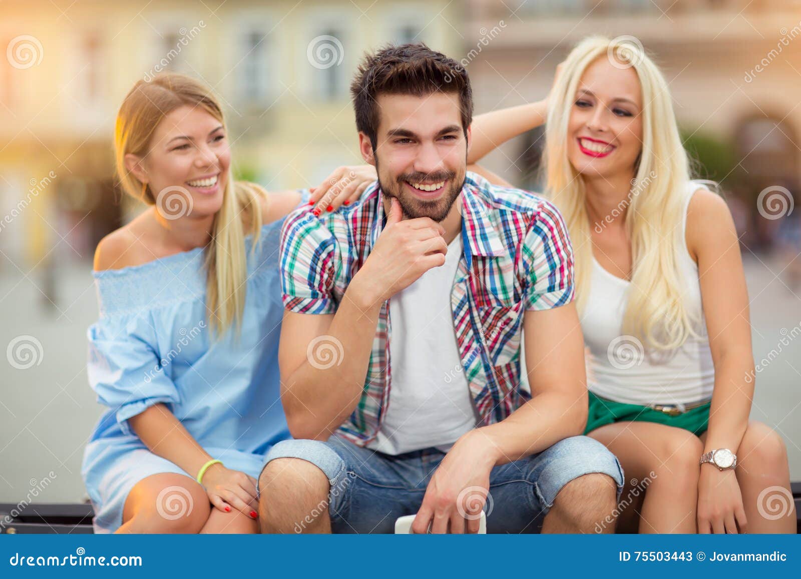 Three Friends Having Fun on the Bench Stock Image - Image of relax ...