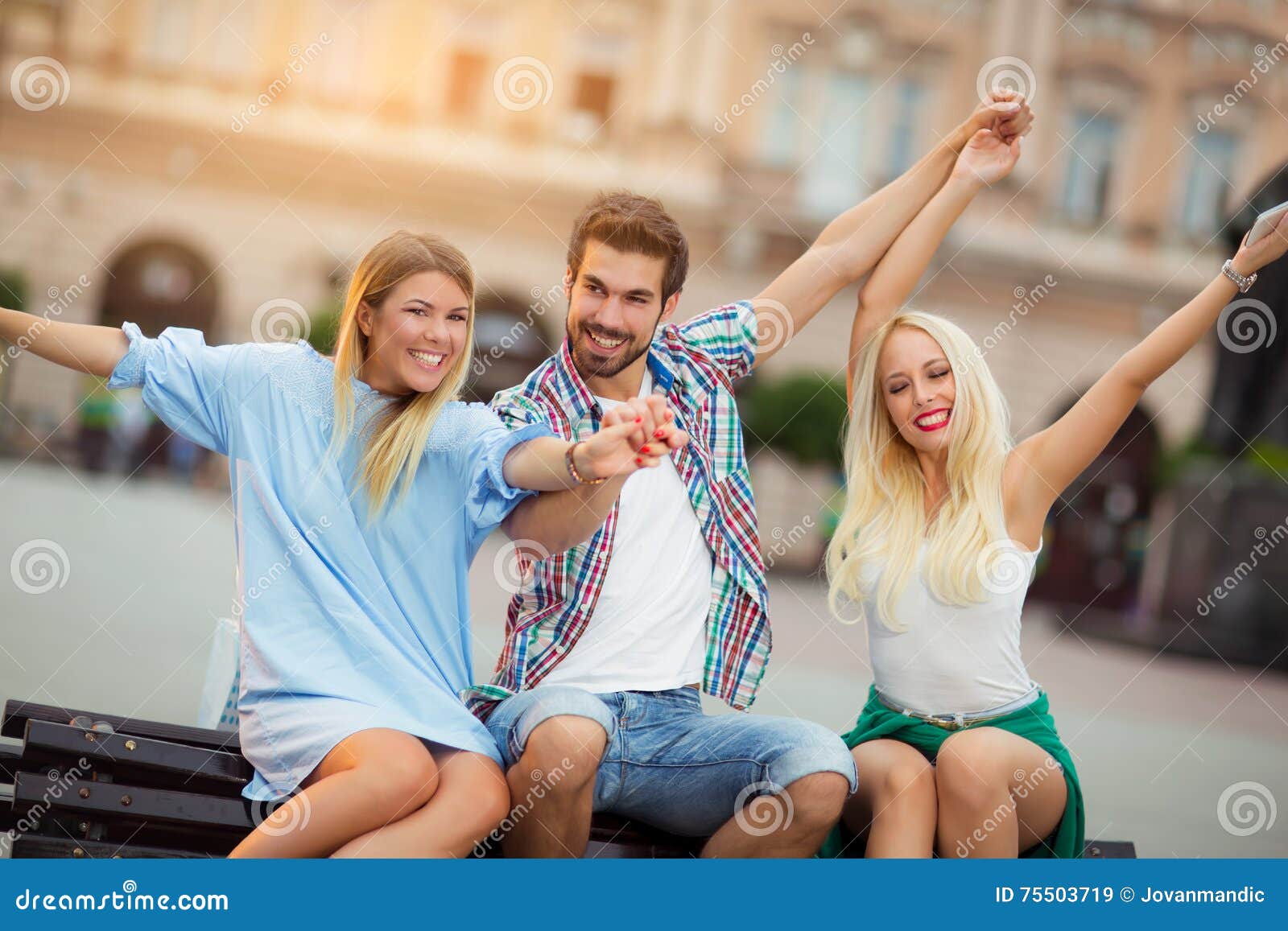 Three Friends Having Fun on the Bench Stock Image - Image of smiling ...