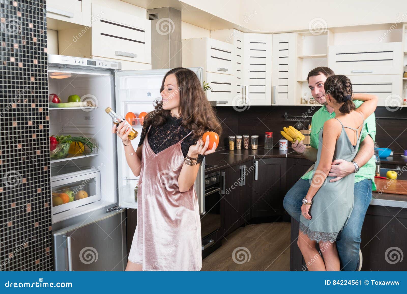 Three Friends Having Fun in the Kitchen Stock Image - Image of ...