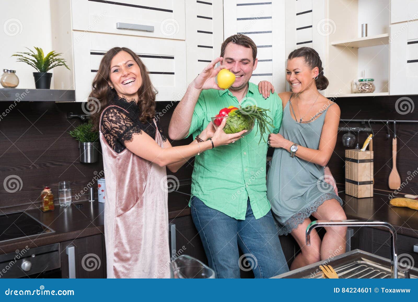 Three Friends Having Fun in the Kitchen Stock Image - Image of friends ...
