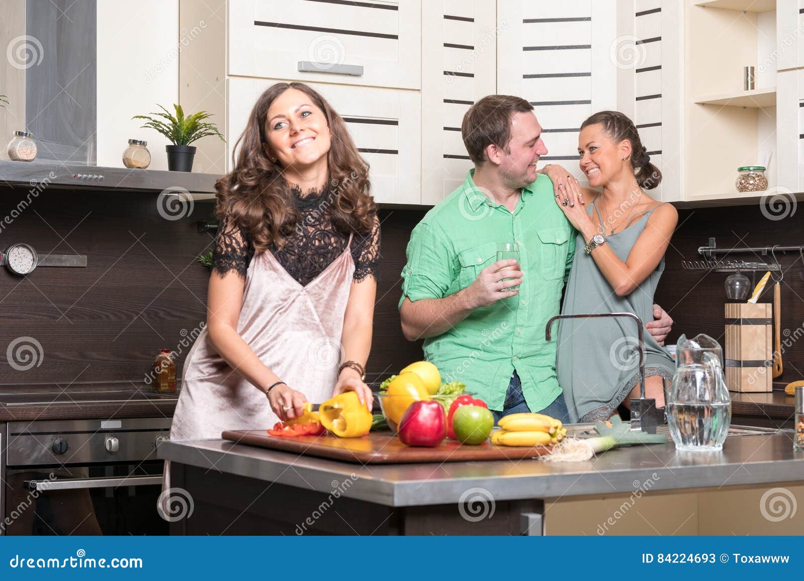 Three Friends Having Fun in the Kitchen Stock Image - Image of domestic ...