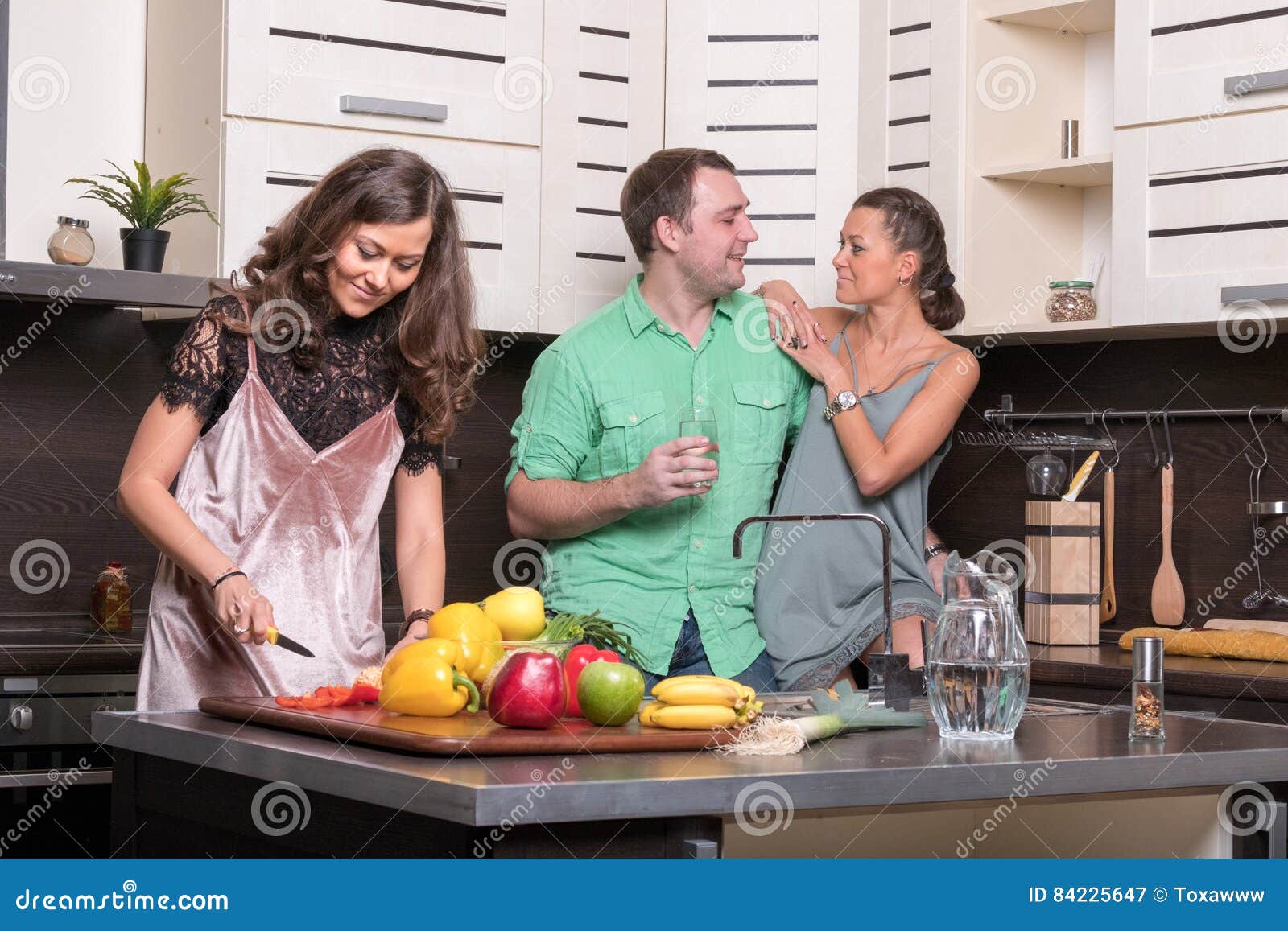 Three Friends Having Fun in the Kitchen Stock Image - Image of ...